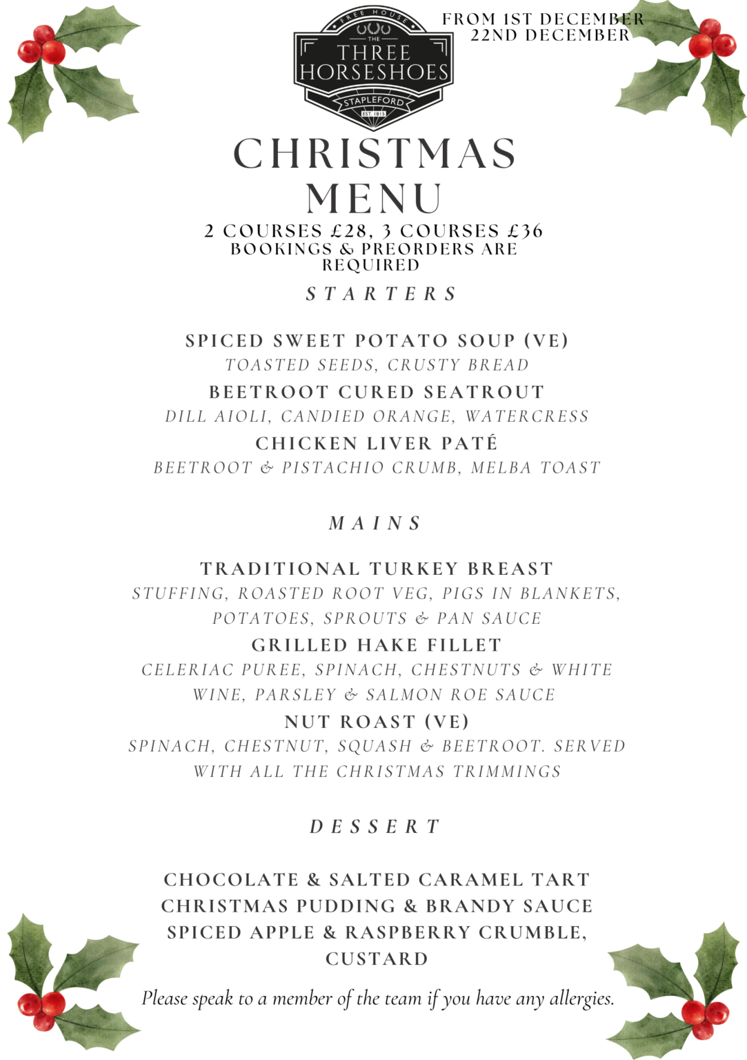 Christmas Menu – The Three Horseshoes