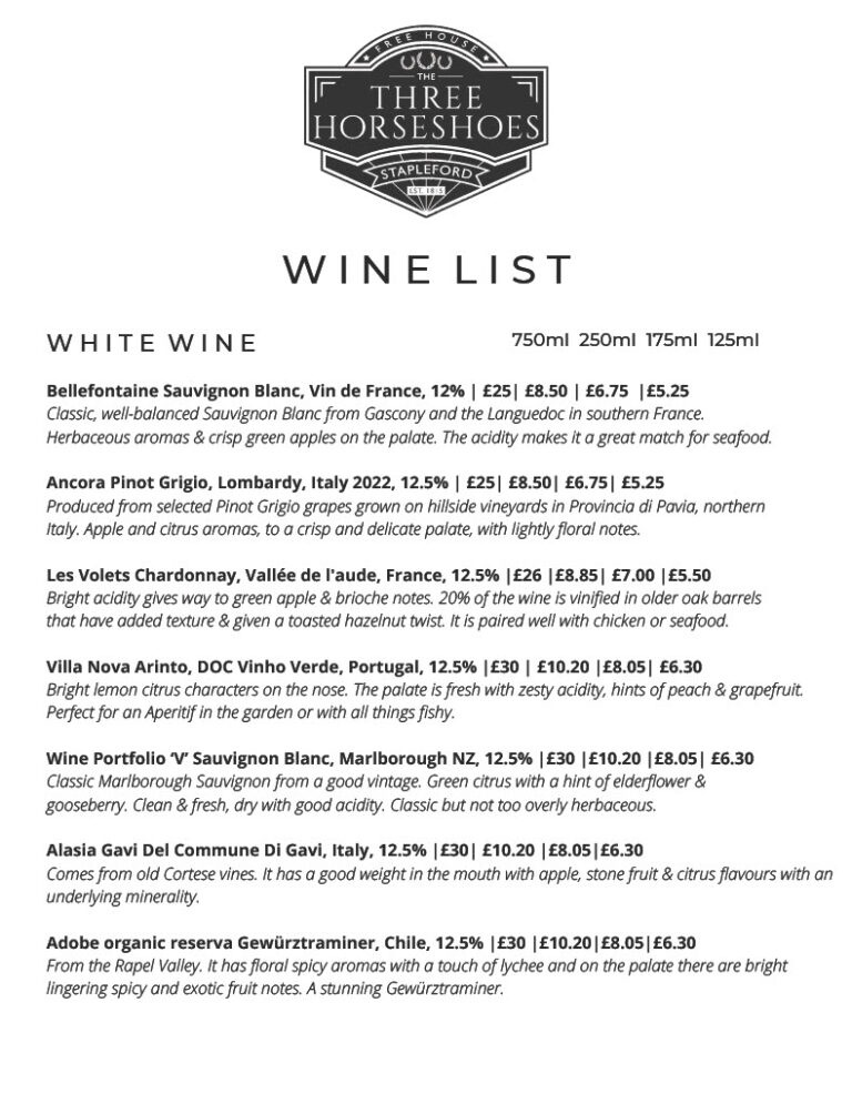 Drinks Menu – The Three Horseshoes